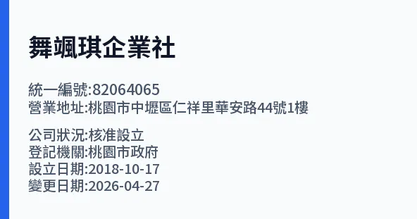 舞颯琪企業社的照片-統編 82064065(桃園市) 公司登記資料與營業項目詳細圖表
