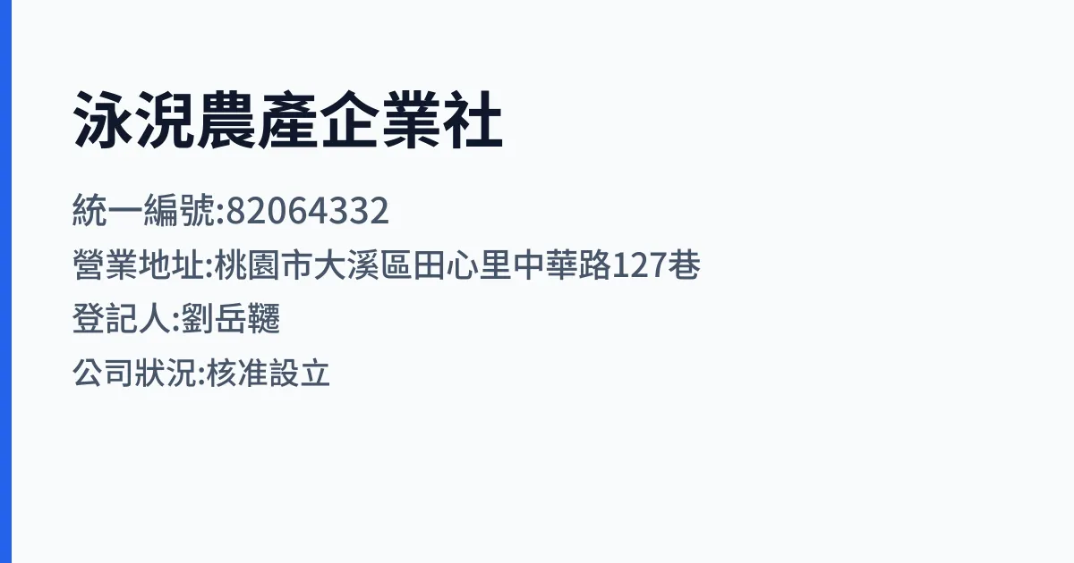 泳淣農產企業社 - 統編 82064332(桃園市) 公司登記資料與營業項目詳細圖表