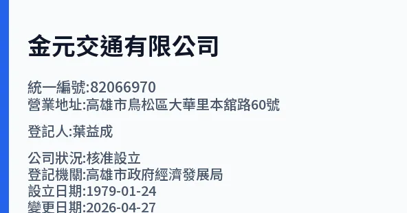金元交通有限公司的照片-統編 82066970(高雄市) 公司登記資料與營業項目詳細圖表