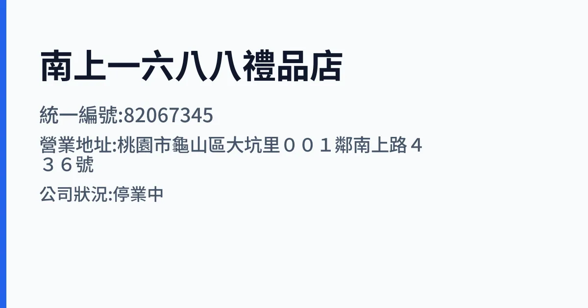 南上一六八八禮品店 - 統編 82067345(桃園市) 公司登記資料與營業項目詳細圖表