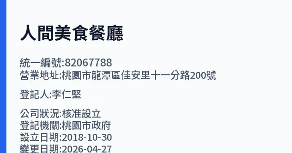 人間美食餐廳的照片-統編 82067788(桃園市) 公司登記資料與營業項目詳細圖表