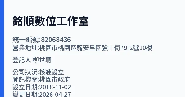 銘順數位工作室的照片-統編 82068436(桃園市) 公司登記資料與營業項目詳細圖表