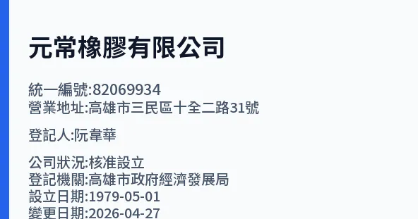 元常橡膠有限公司的照片-統編 82069934(高雄市) 公司登記資料與營業項目詳細圖表