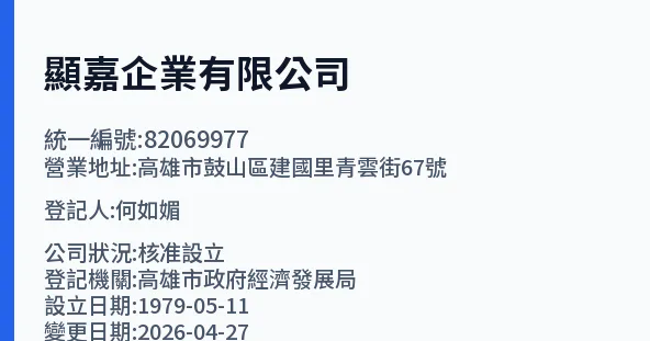 顯嘉企業有限公司的照片-統編 82069977(高雄市) 公司登記資料與營業項目詳細圖表
