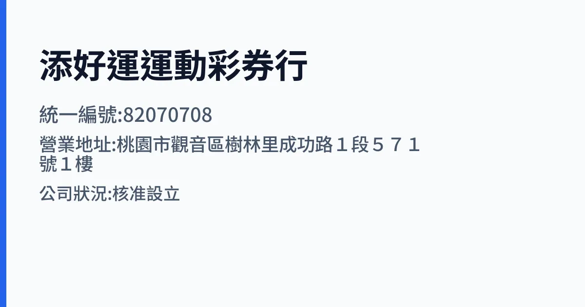 添好運運動彩券行 - 統編 82070708(桃園市) 公司登記資料與營業項目詳細圖表