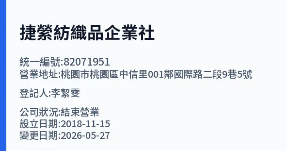 捷縈紡織品企業社的照片-統編 82071951(桃園市) 公司登記資料與營業項目詳細圖表