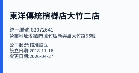 東洋傳統檳榔店大竹二店的照片-統編 82072641(桃園市) 公司登記資料與營業項目詳細圖表