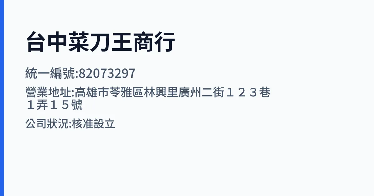 台中菜刀王商行 - 統編 82073297(高雄市) 公司登記資料與營業項目詳細圖表