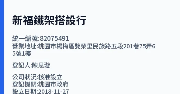新福鐵架搭設行的照片-統編 82075491(桃園市) 公司登記資料與營業項目詳細圖表