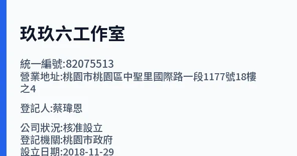 玖玖六工作室的照片-統編 82075513(桃園市) 公司登記資料與營業項目詳細圖表