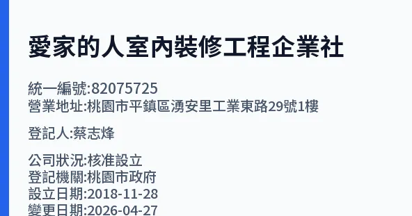 愛家的人室內裝修工程企業社的照片-統編 82075725(桃園市) 公司登記資料與營業項目詳細圖表