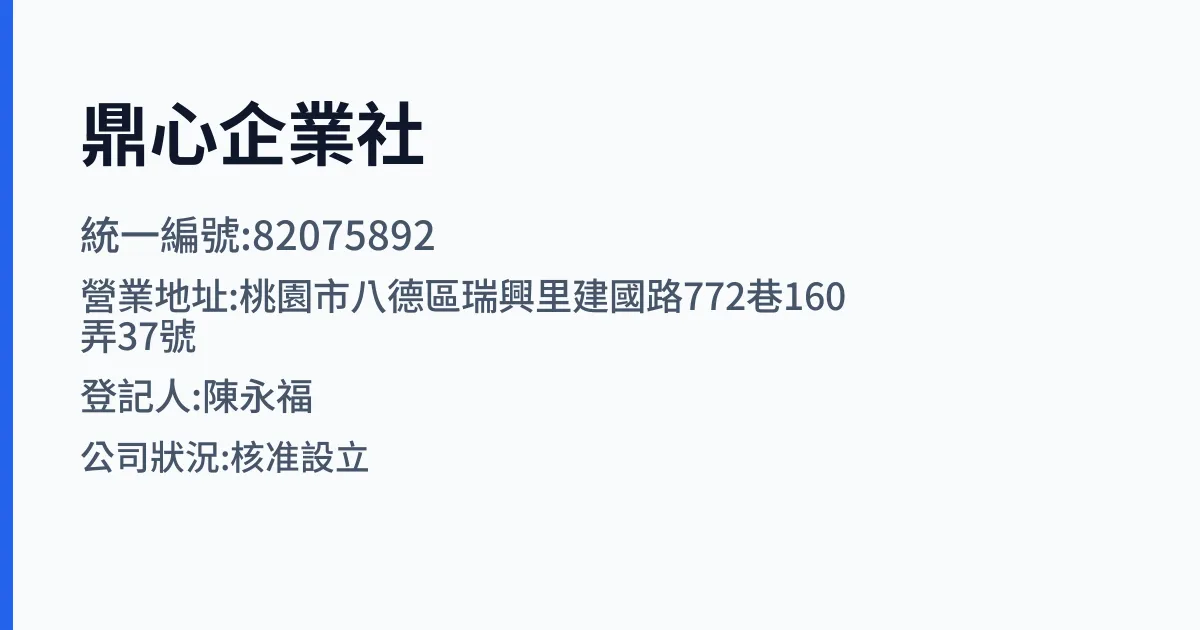鼎心企業社 - 統編 82075892(桃園市) 公司登記資料與營業項目詳細圖表