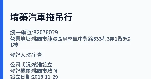 堉蓁汽車拖吊行的照片-統編 82076029(桃園市) 公司登記資料與營業項目詳細圖表