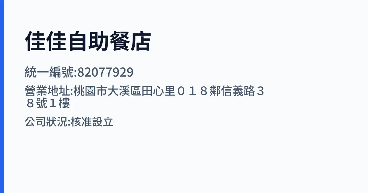 佳佳自助餐店 - 統編 82077929(桃園市) 公司登記資料與營業項目詳細圖表