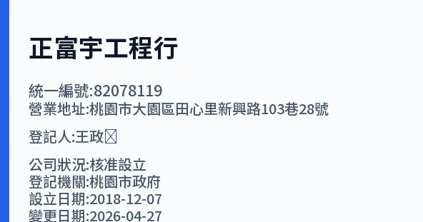 正富宇工程行的照片-統編 82078119(桃園市) 公司登記資料與營業項目詳細圖表