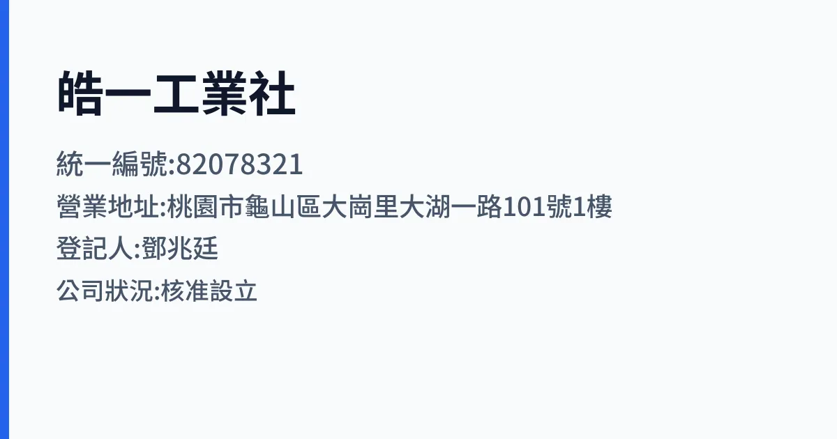 皓一工業社 - 統編 82078321(桃園市) 公司登記資料與營業項目詳細圖表