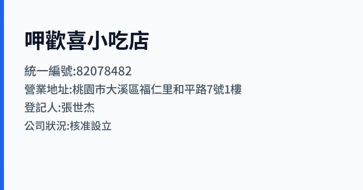 呷歡喜小吃店 - 統編 82078482（桃園市） 公司登記資料與營業項目詳細圖表