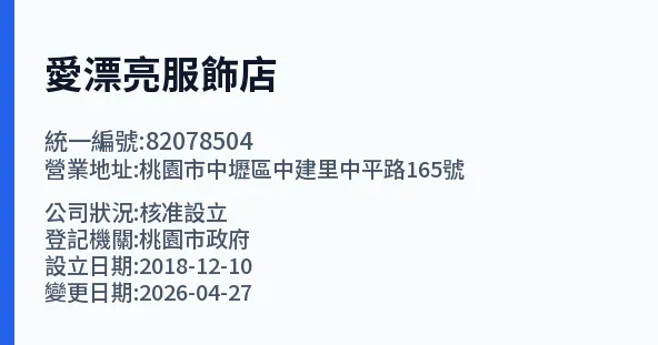 愛漂亮服飾店的照片-統編 82078504(桃園市) 公司登記資料與營業項目詳細圖表