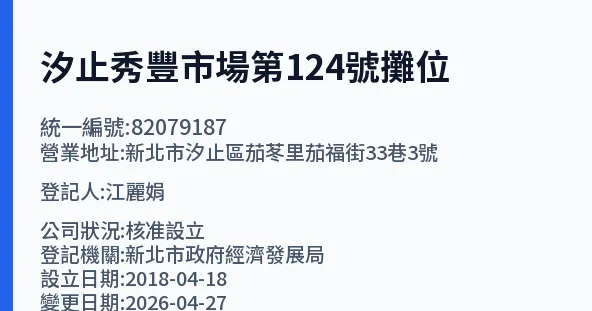 汐止秀豐市場第124號攤位的照片-統編 82079187(新北市) 公司登記資料與營業項目詳細圖表