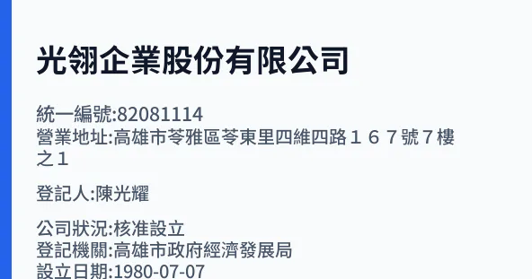 光翎企業股份有限公司的照片-統編 82081114(高雄市) 公司登記資料與營業項目詳細圖表