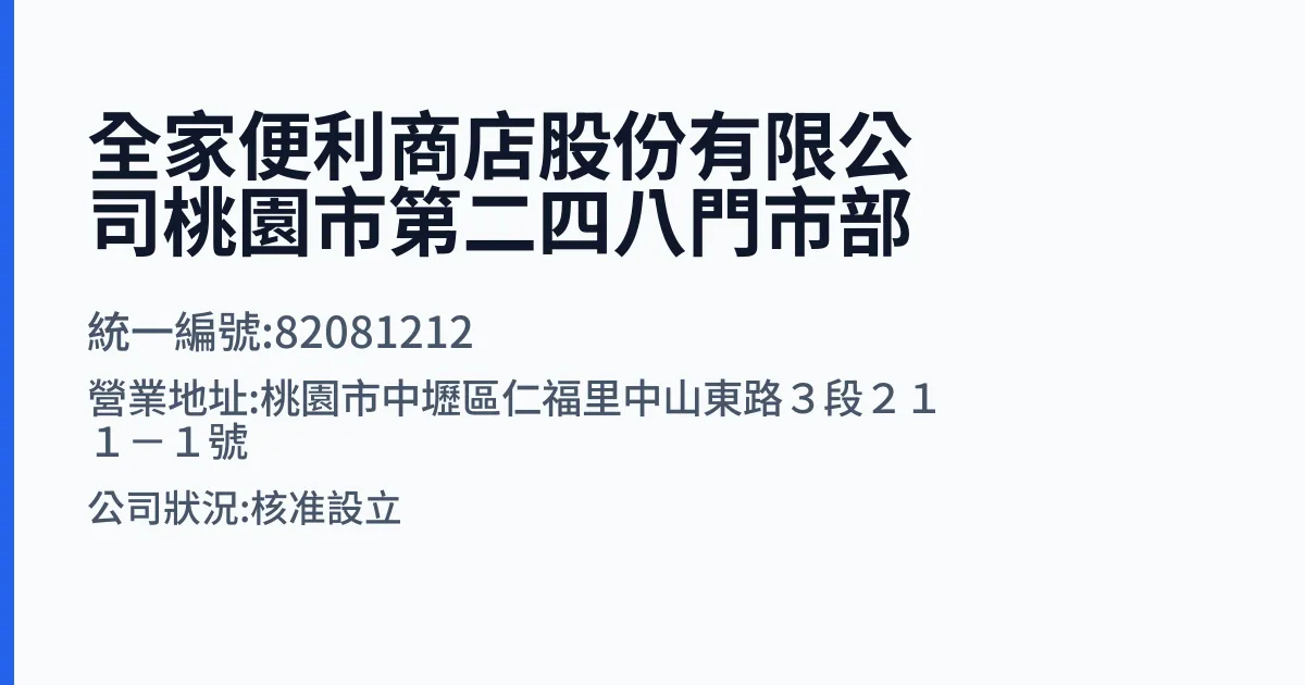 全家便利商店股份有限公司桃園市第二四八門市部 - 統編 82081212(桃園市) 公司登記資料與營業項目詳細圖表
