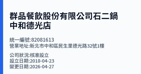 群品餐飲股份有限公司石二鍋中和德光店的照片-統編 82081613(新北市) 公司登記資料與營業項目詳細圖表