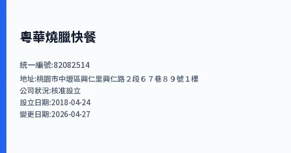 粵華燒臘快餐的照片-統編 82082514(桃園市) 公司登記資料與營業項目詳細圖表