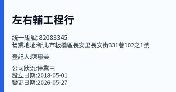 左右輔工程行的照片-統編 82083345(新北市) 公司登記資料與營業項目詳細圖表