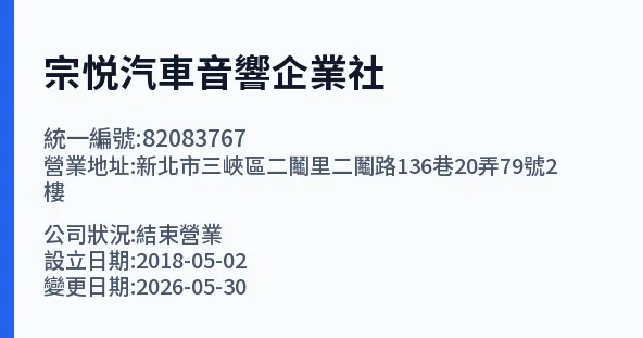 宗悦汽車音響企業社的照片-統編 82083767(新北市) 公司登記資料與營業項目詳細圖表