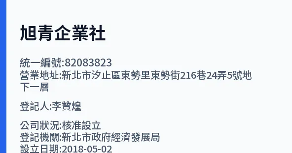 旭青企業社的照片-統編 82083823(新北市) 公司登記資料與營業項目詳細圖表