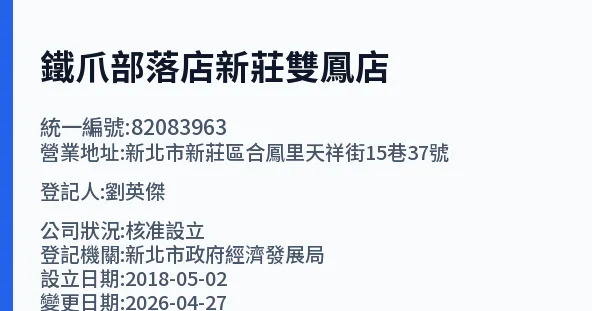 鐵爪部落店新莊雙鳳店的照片-統編 82083963(新北市) 公司登記資料與營業項目詳細圖表