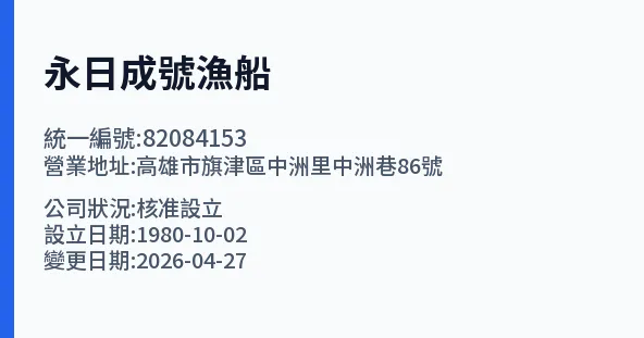 永日成號漁船的照片-統編 82084153(高雄市) 公司登記資料與營業項目詳細圖表
