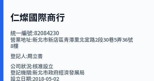 仁燦國際商行的照片-統編 82084230(新北市) 公司登記資料與營業項目詳細圖表