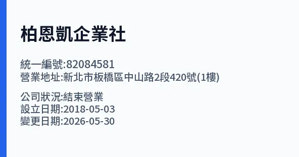 柏恩凱企業社的照片-統編 82084581(新北市) 公司登記資料與營業項目詳細圖表