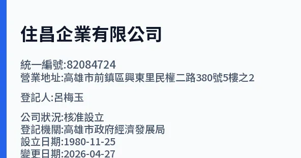 住昌企業有限公司的照片-統編 82084724(高雄市) 公司登記資料與營業項目詳細圖表