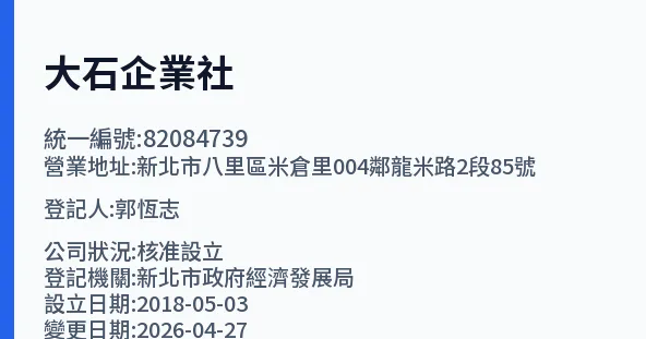 大石企業社的照片-統編 82084739(新北市) 公司登記資料與營業項目詳細圖表