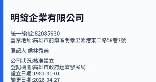 明錠企業有限公司的照片-統編 82085630(高雄市) 公司登記資料與營業項目詳細圖表