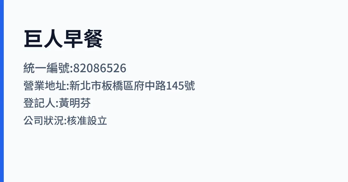 巨人早餐 - 統編 82086526(新北市) 公司登記資料與營業項目詳細圖表