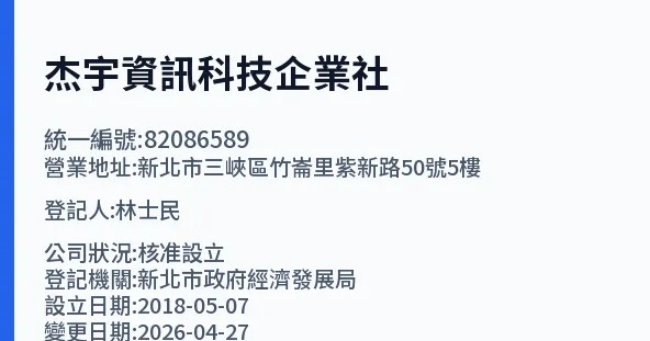 杰宇資訊科技企業社的照片-統編 82086589(新北市) 公司登記資料與營業項目詳細圖表