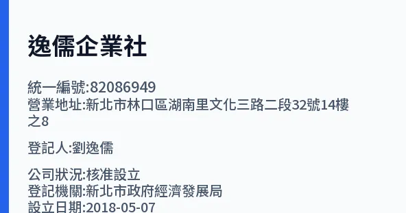 逸儒企業社的照片-統編 82086949(新北市) 公司登記資料與營業項目詳細圖表