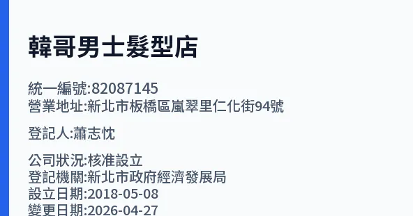 韓哥男士髮型店的照片-統編 82087145(新北市) 公司登記資料與營業項目詳細圖表