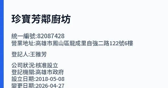 珍寶芳鄰廚坊的照片-統編 82087428(高雄市) 公司登記資料與營業項目詳細圖表