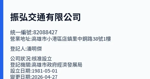 振弘交通有限公司的照片-統編 82088427(高雄市) 公司登記資料與營業項目詳細圖表
