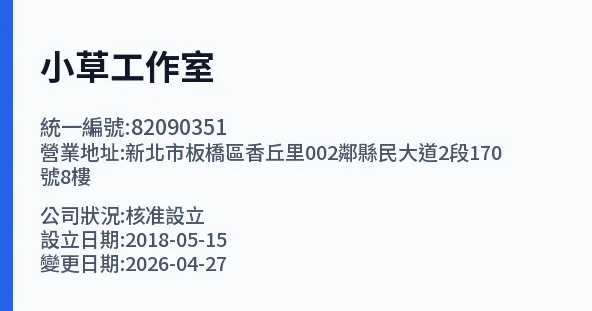 小草工作室的照片-統編 82090351(新北市) 公司登記資料與營業項目詳細圖表