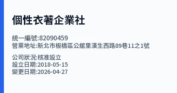 個性衣著企業社的照片-統編 82090459(新北市) 公司登記資料與營業項目詳細圖表