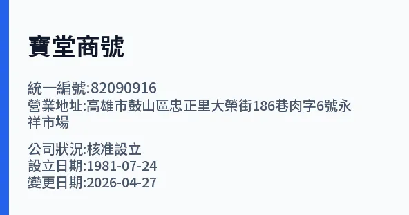 寶堂商號的照片-統編 82090916(高雄市) 公司登記資料與營業項目詳細圖表