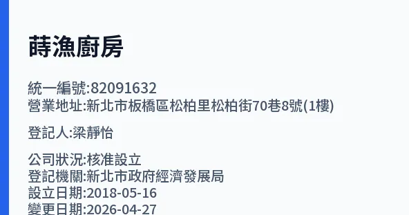 蒔漁廚房的照片-統編 82091632(新北市) 公司登記資料與營業項目詳細圖表