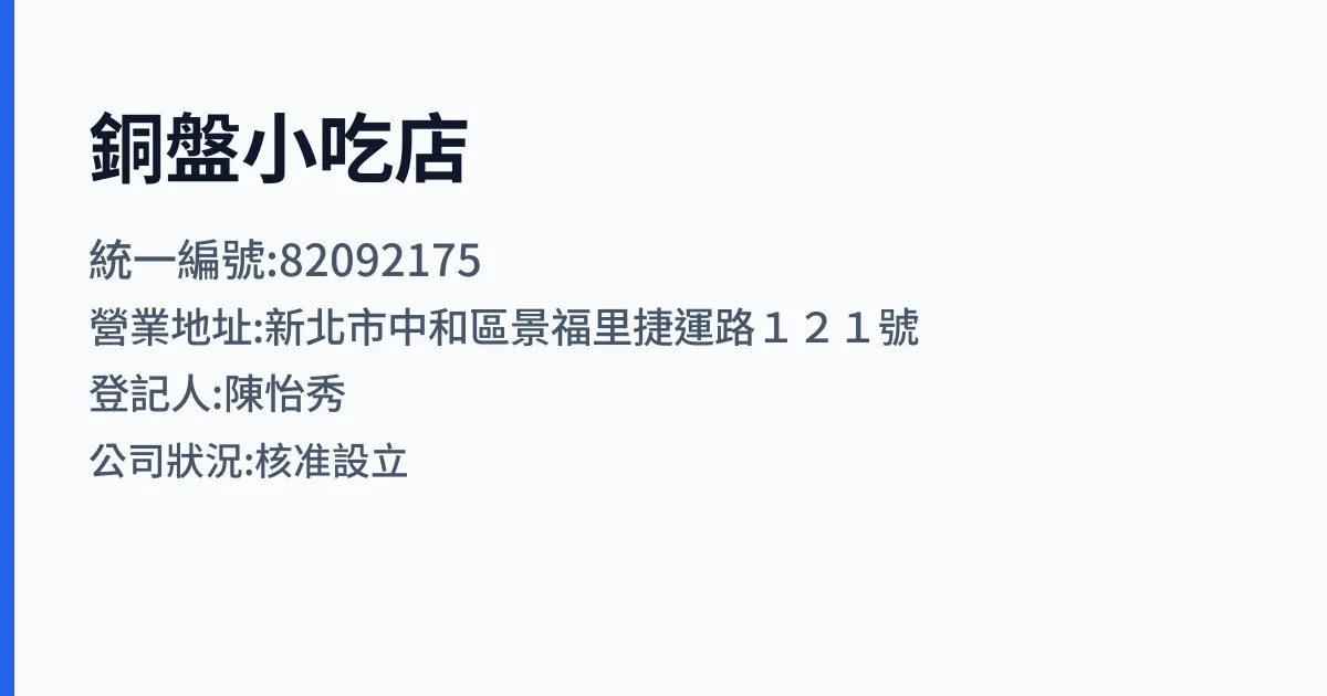 銅盤小吃店 - 統編 82092175(新北市) 公司登記資料與營業項目詳細圖表