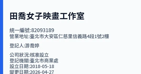 田喬女子映畫工作室的照片-統編 82093189(臺北市) 公司登記資料與營業項目詳細圖表