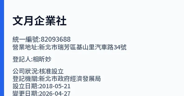 文月企業社的照片-統編 82093688(新北市) 公司登記資料與營業項目詳細圖表